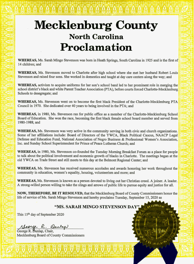 ‘Ms. Sarah Mingo Stevenson Day’
